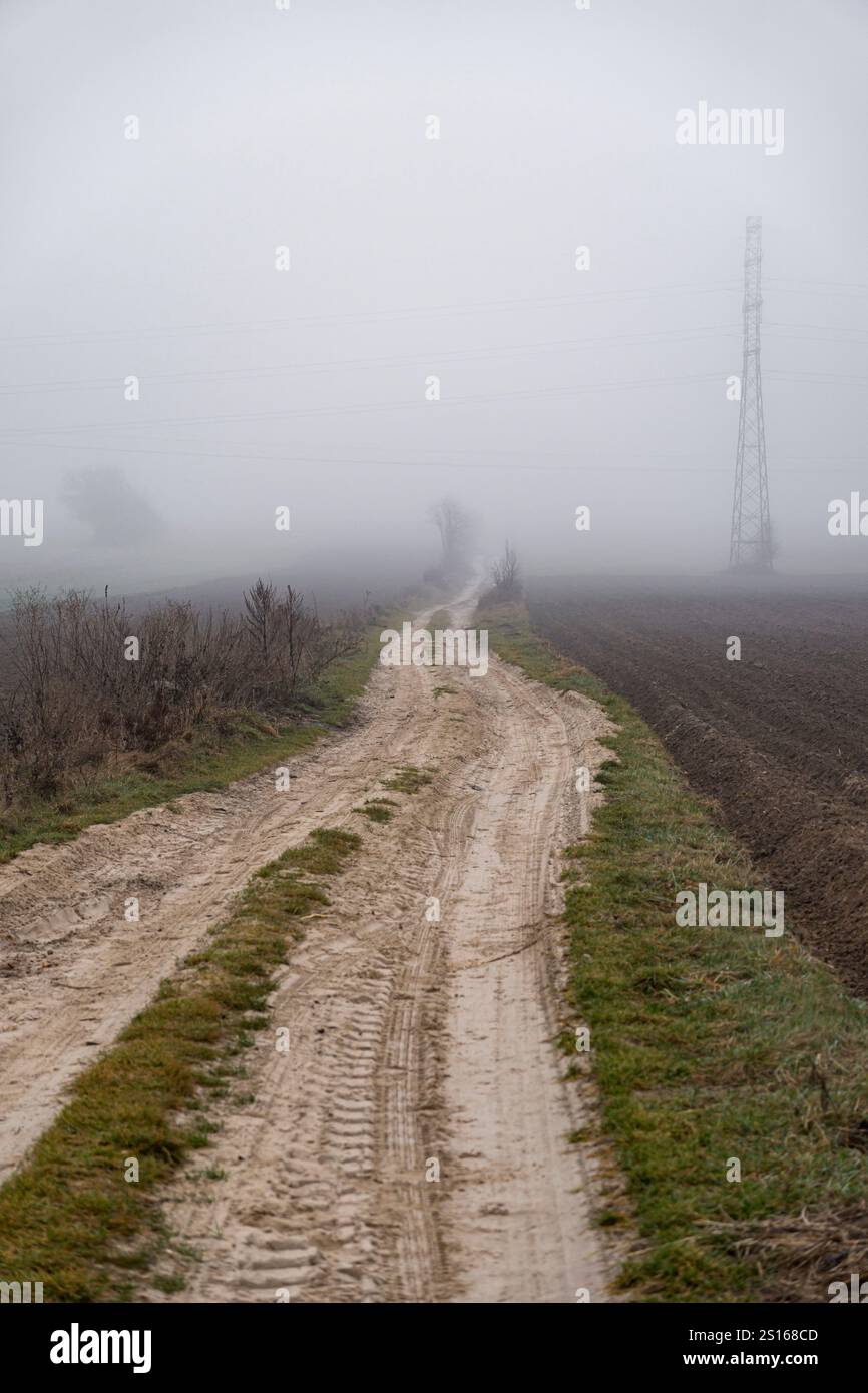 Landscape with ground road through fields during foggy day in snowless ...