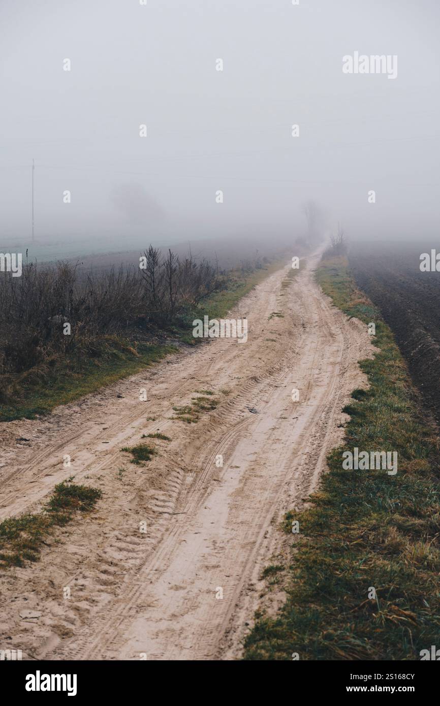 Landscape with ground road through fields during foggy day in snowless ...