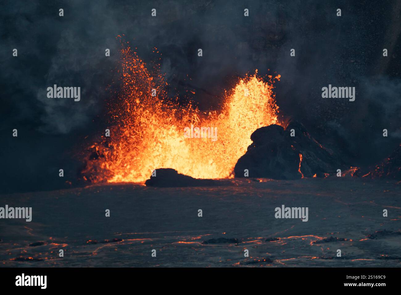 Carbondale, Colorado, USA. 30th Dec, 2024. Fiery lava fountains light ...