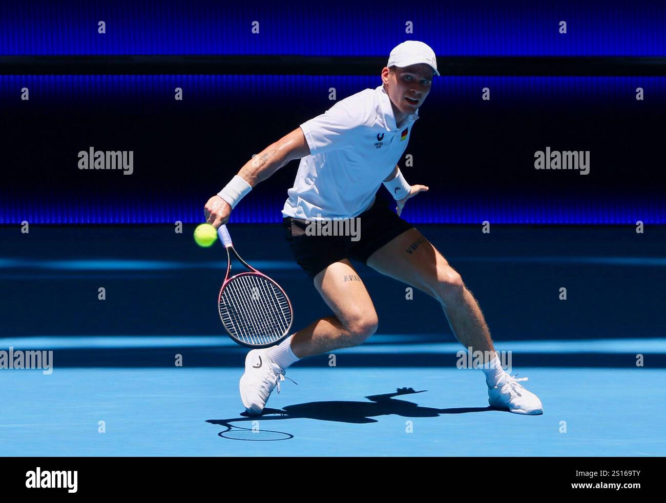 Perth, Australia. 1st Jan, 2025. Daniel Masur of Germany hits a return ...