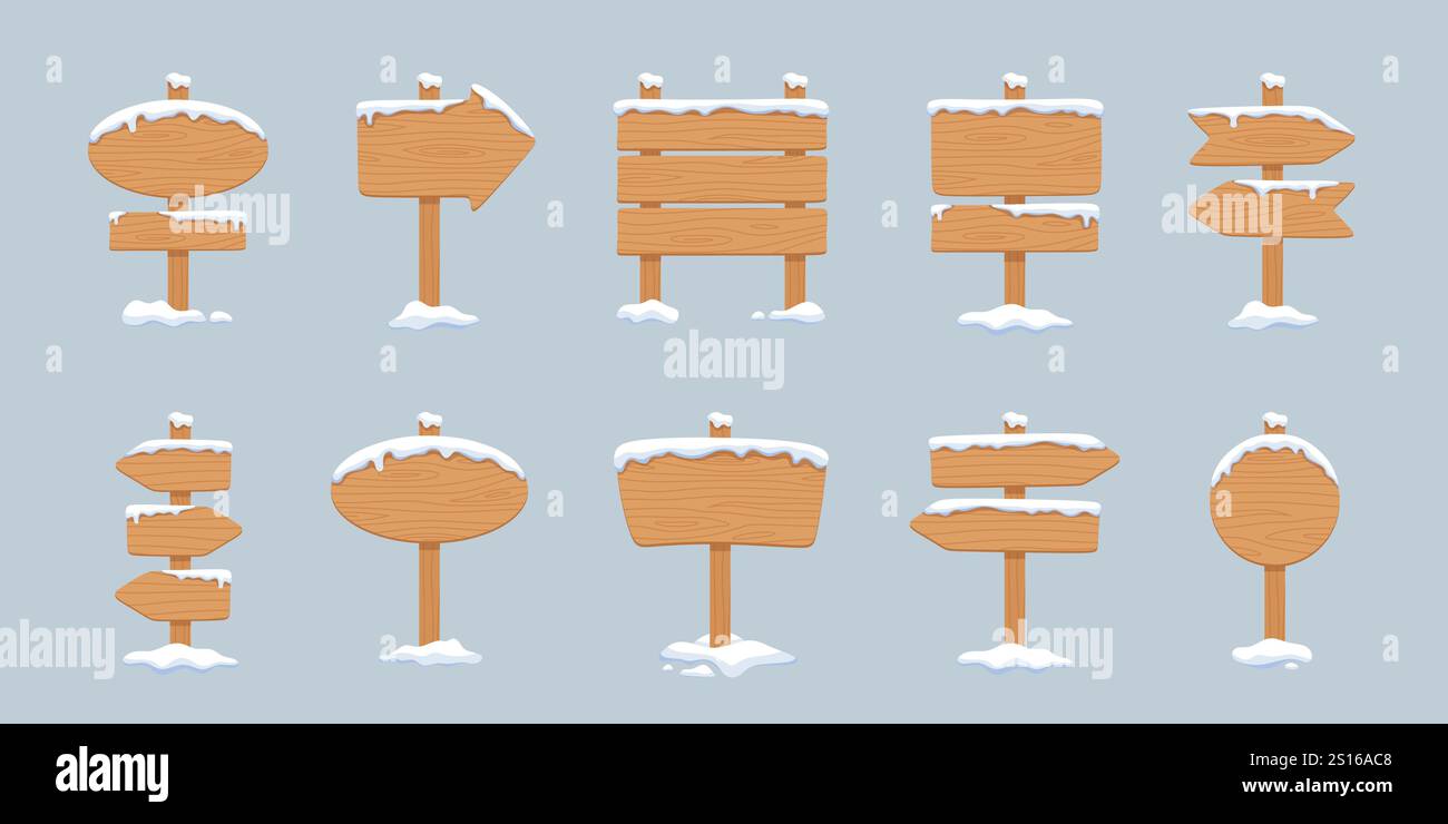 wood signs planks covered with snow, blank winter sign boards ...