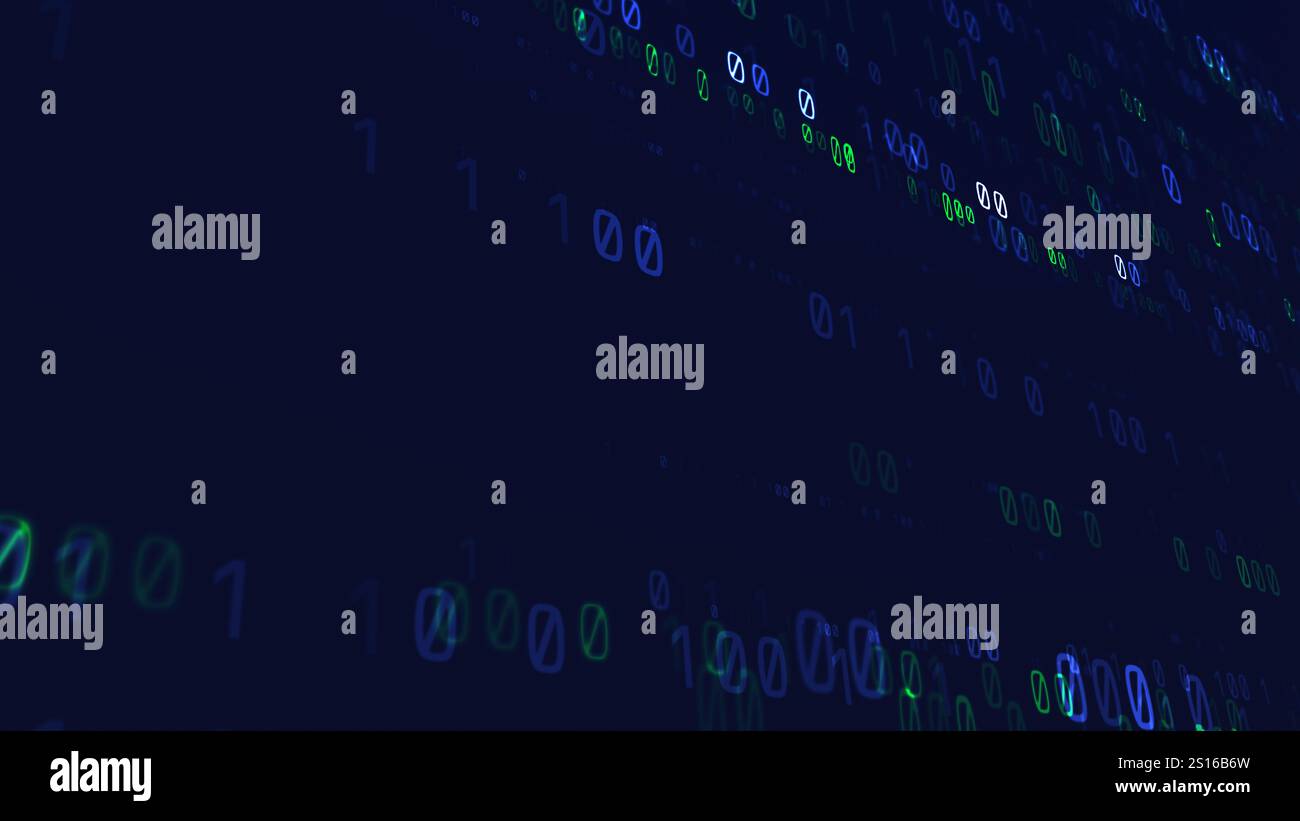 Glowing data code flow on dark blue monitor. Technology and business abstract moving background ...