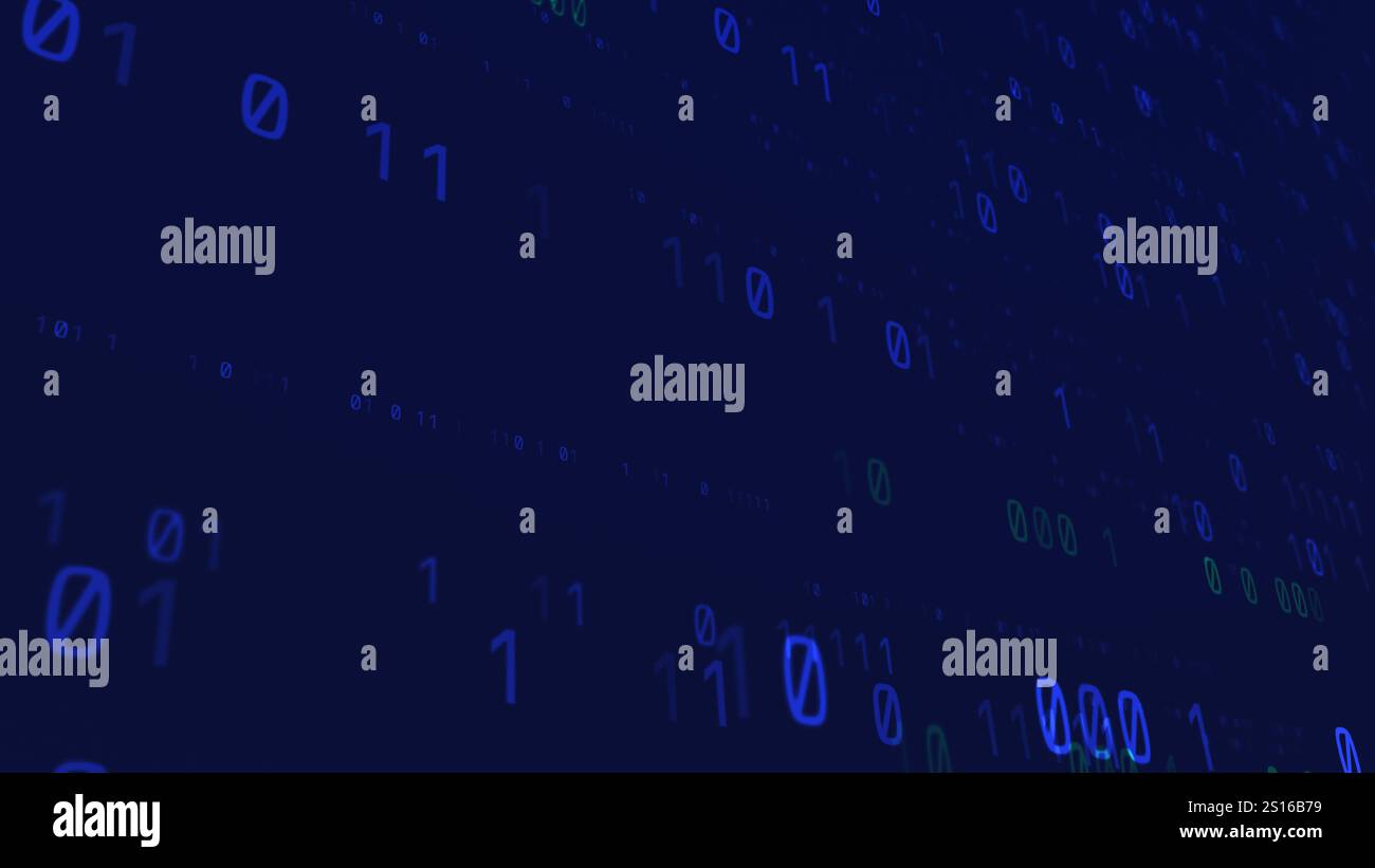 Glowing data code flow on dark blue monitor. Technology and business ...