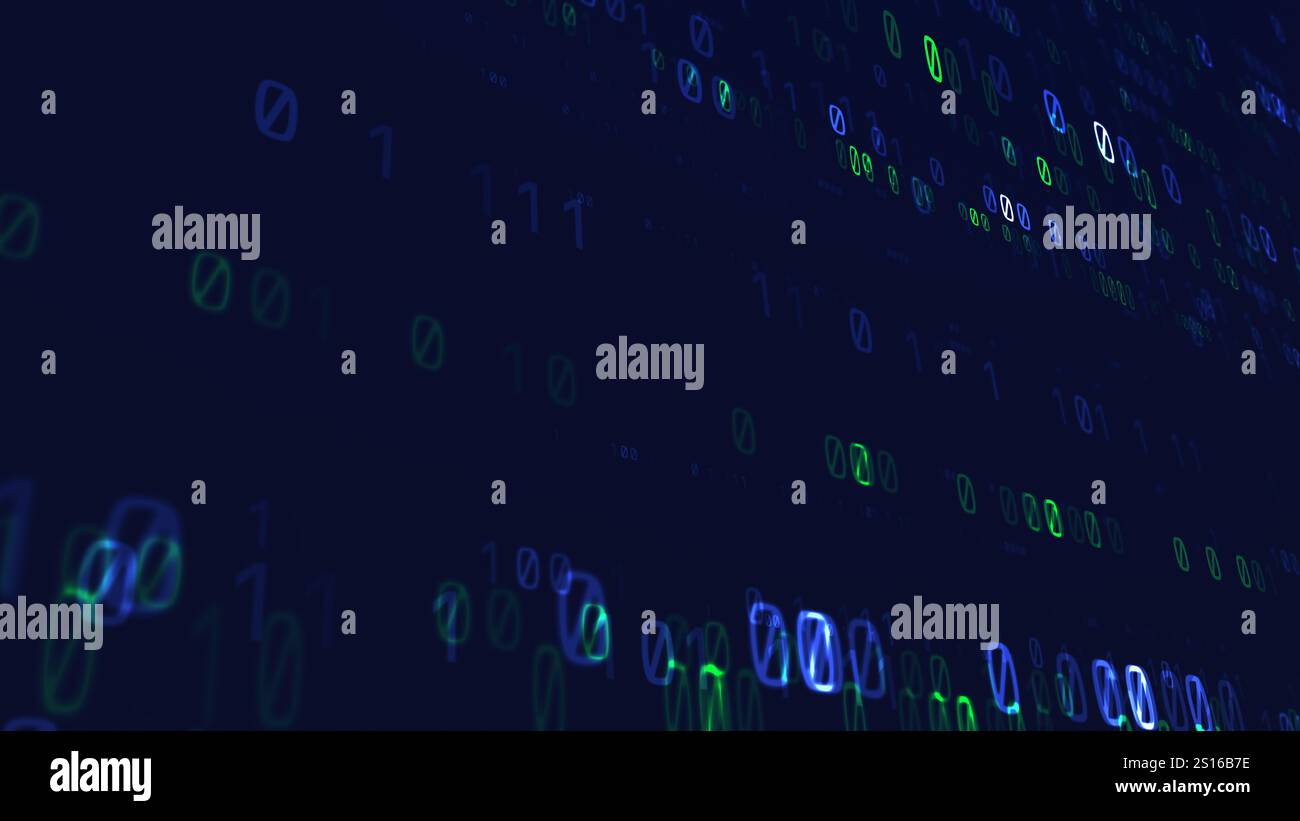 Glowing data code flow on dark blue monitor. Technology and business abstract moving background ...