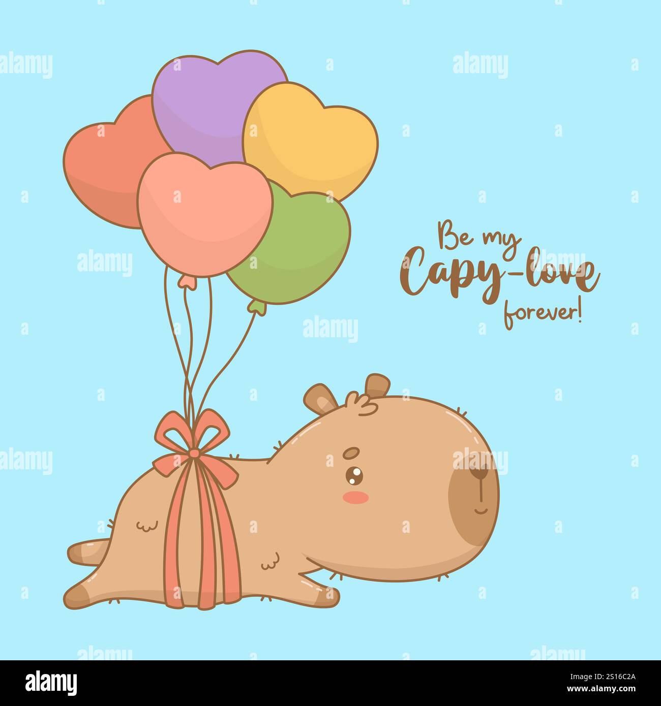 Cute capybara flies with balloons hearts. Funny cartoon kawaii ...