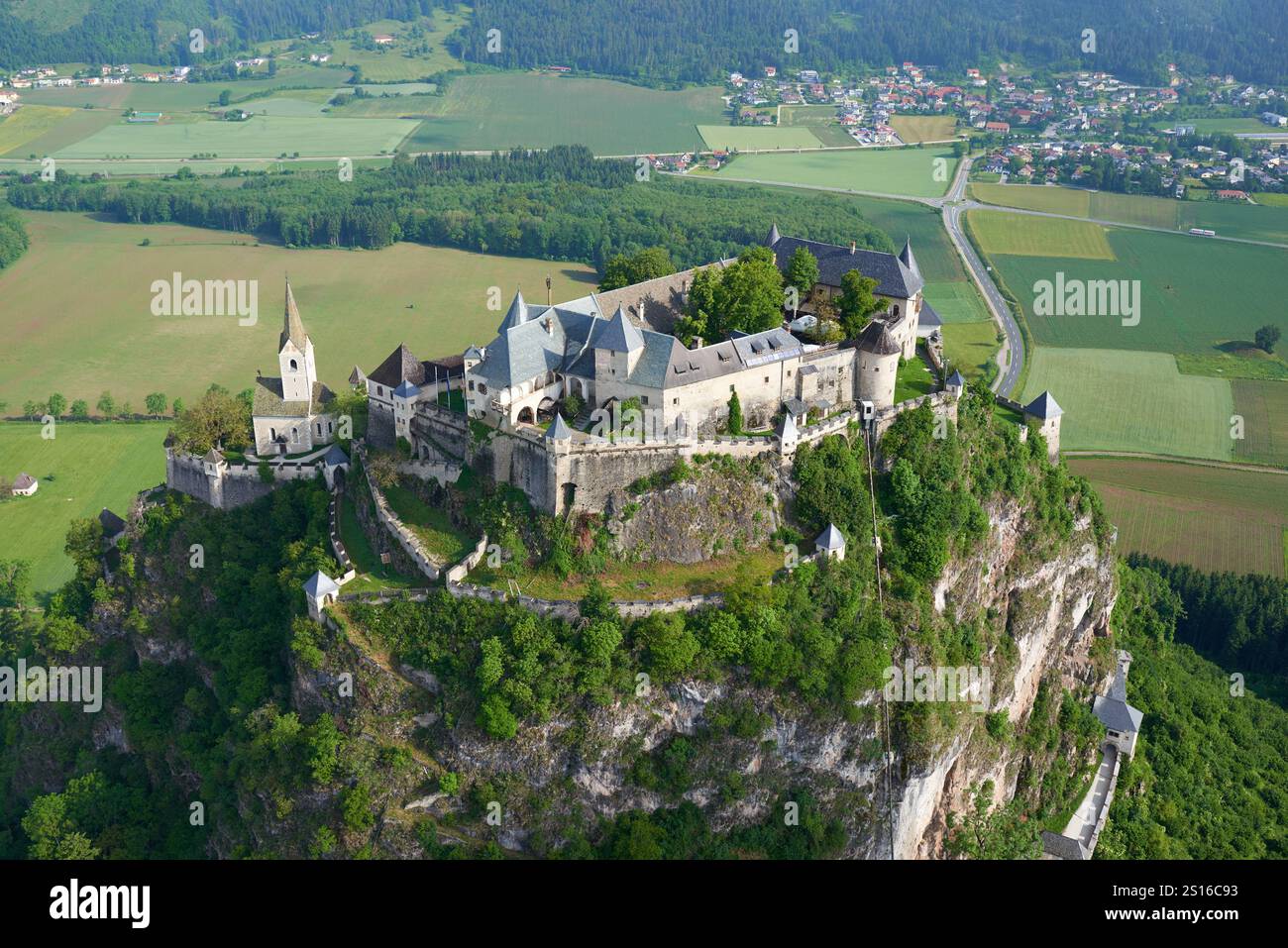 AERIAL VIEW. Medieval castle built on an impregnable lofty rock ...
