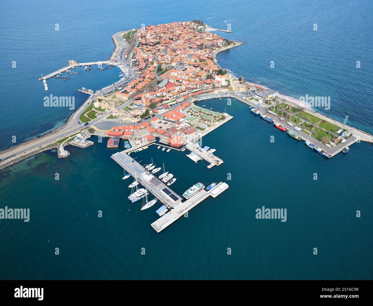 AERIAL VIEW. Historic and seaside resort of Nesebar (also Nessebar) on ...