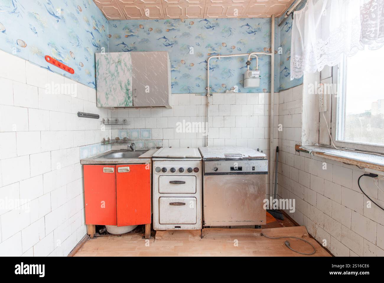 Kitchen in bad condition in an abandoned building. Abandoned house interior. Dirty Room. Old ...