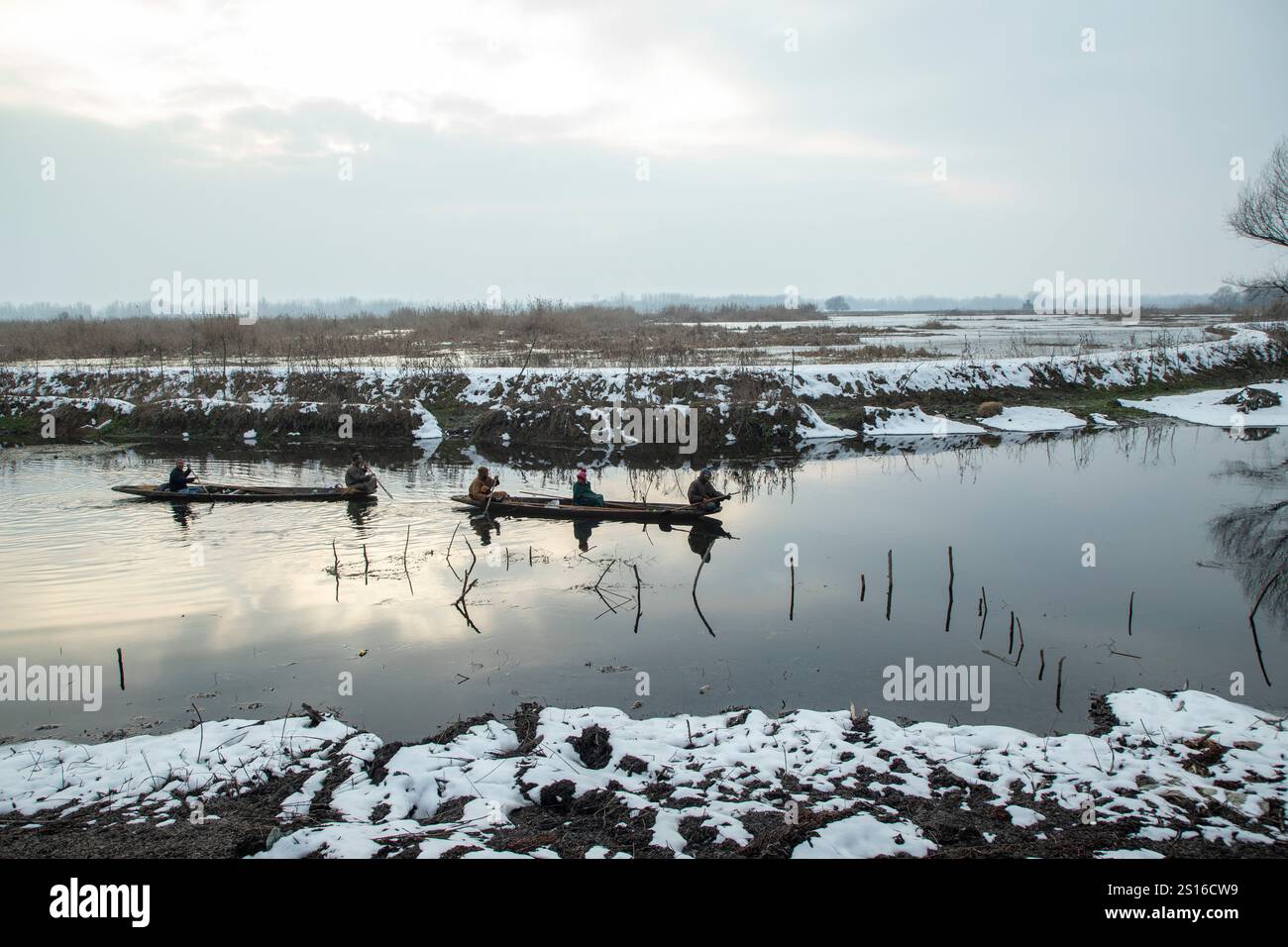 Ganderbal, India. 01st Jan, 2025. Kashmiri men row their boats on a ...