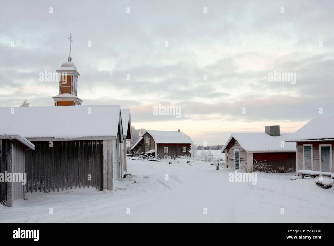 Torne River, Sweden – DECEMBER 14, 2010: Old wooden buildings in ...