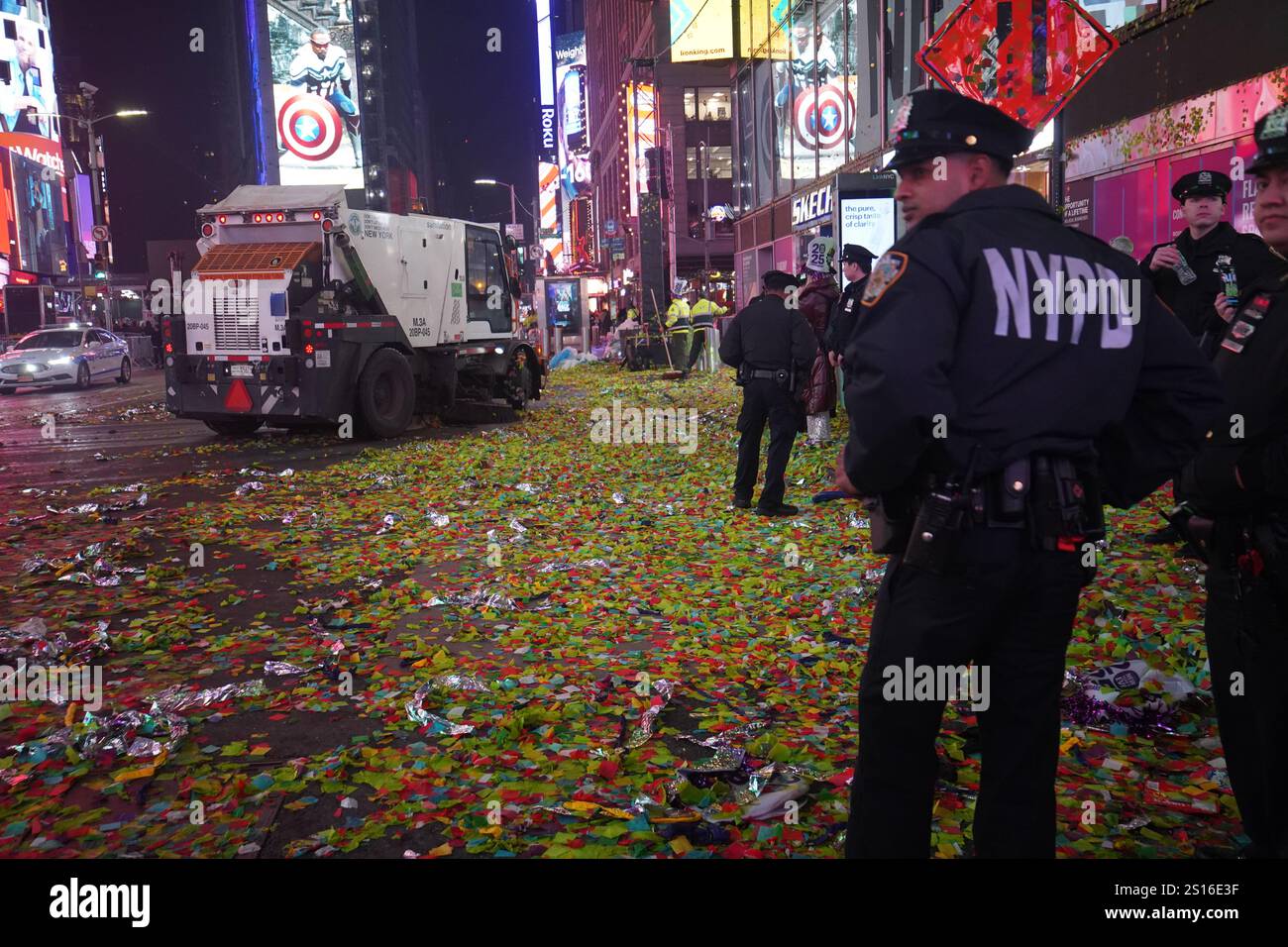 Confetti and discarded debris are seen on the ground at Times Square ...