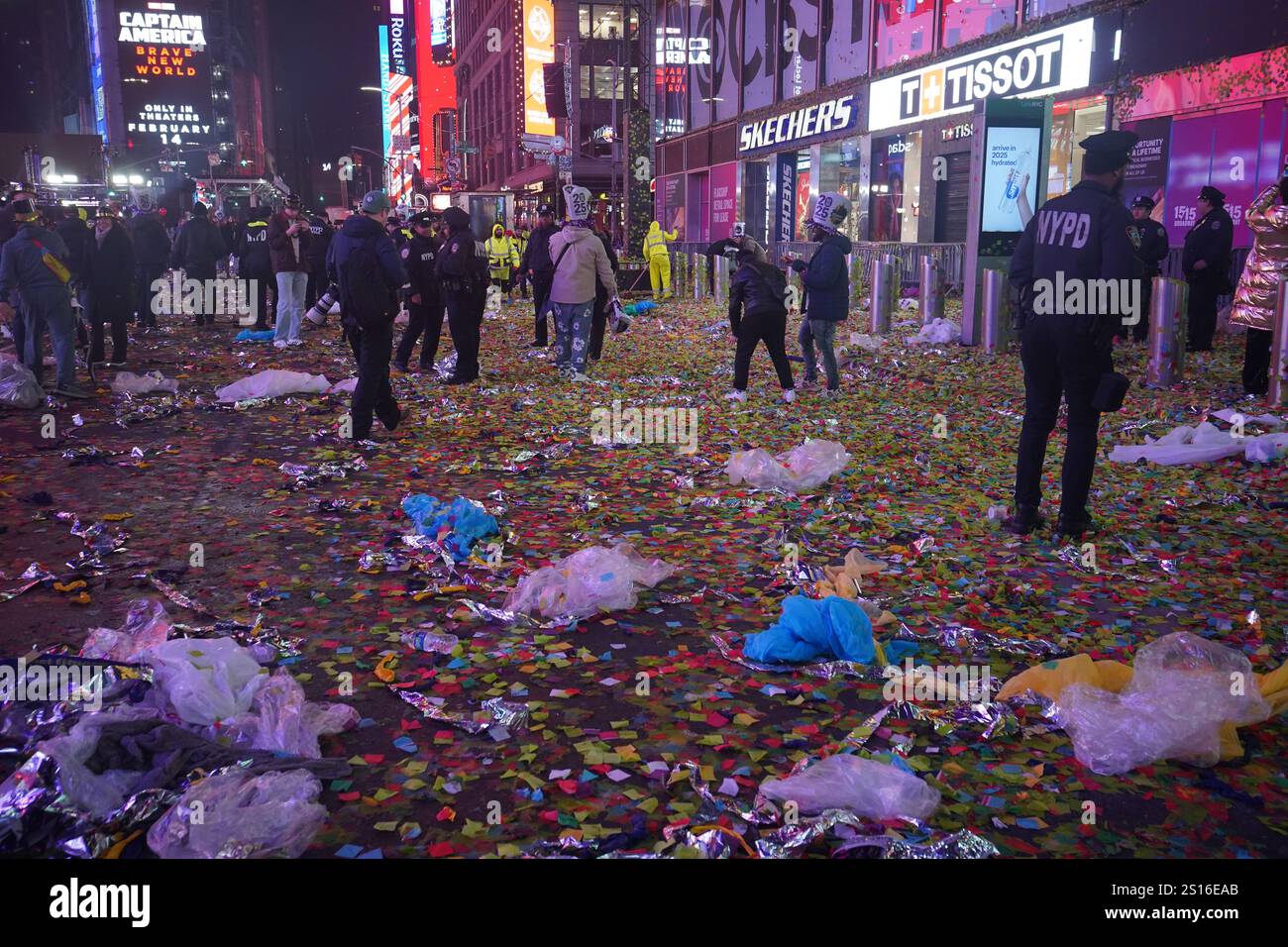 Confetti and discarded debris are seen on the ground at Times Square ...
