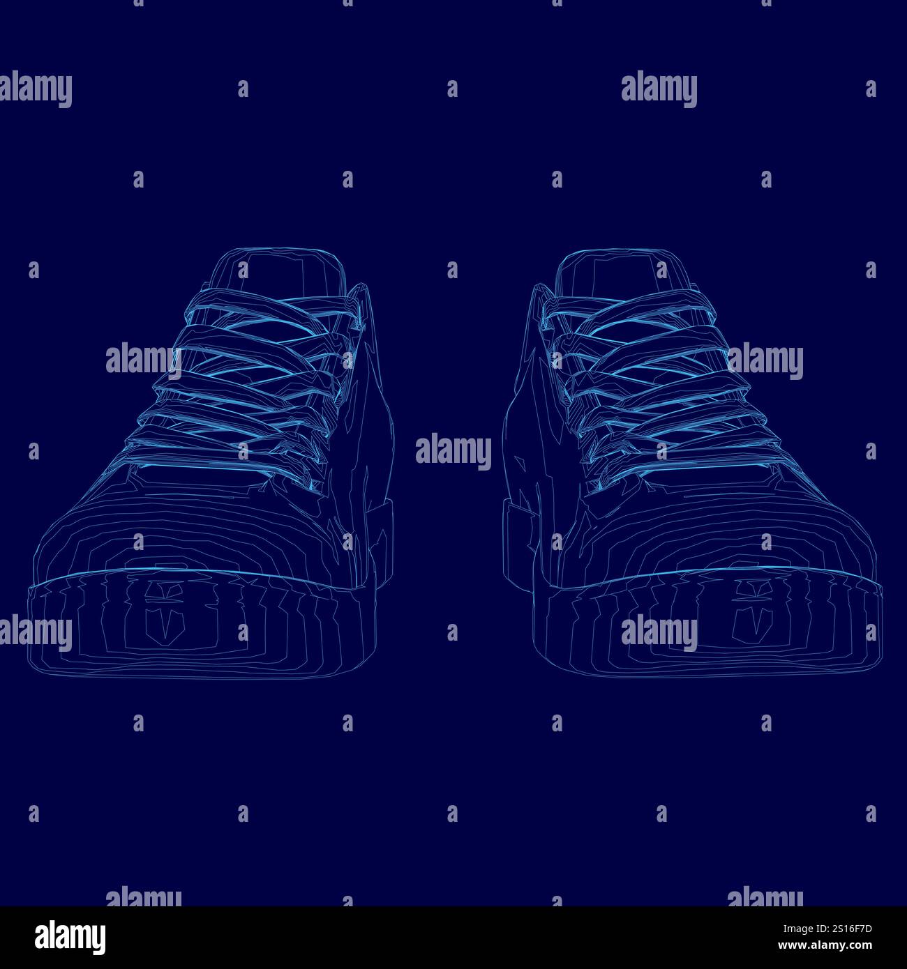 Pair of shoes are shown in a blue color. The shoes are shown in a 3D ...