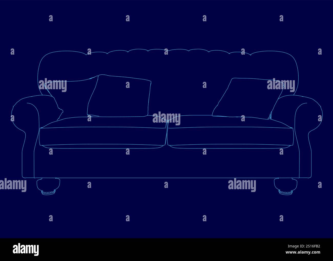 Blue couch with pillows on it. The couch is shown in a blue drawing ...