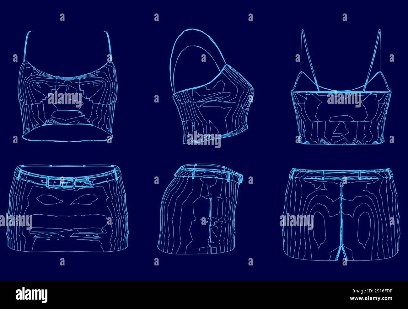 Series of blue drawings of women's clothing, including a top, shorts ...
