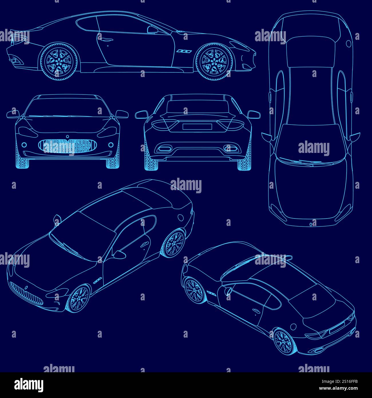 Blue car set. The car is shown from the front, back, and side Stock ...