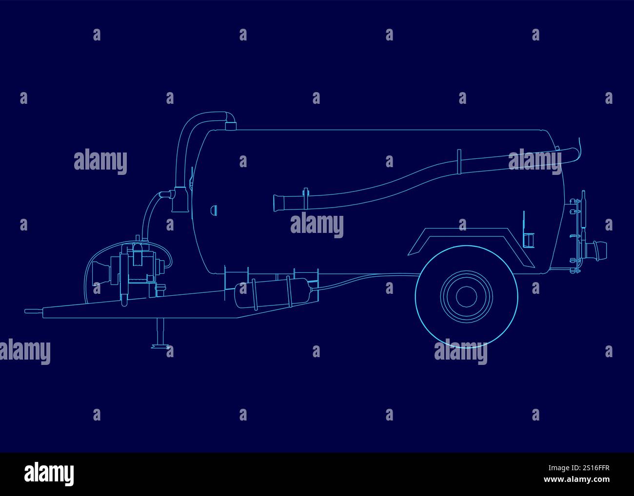 Blue drawing of a large tank. The tank is on a trailer and has a handle ...