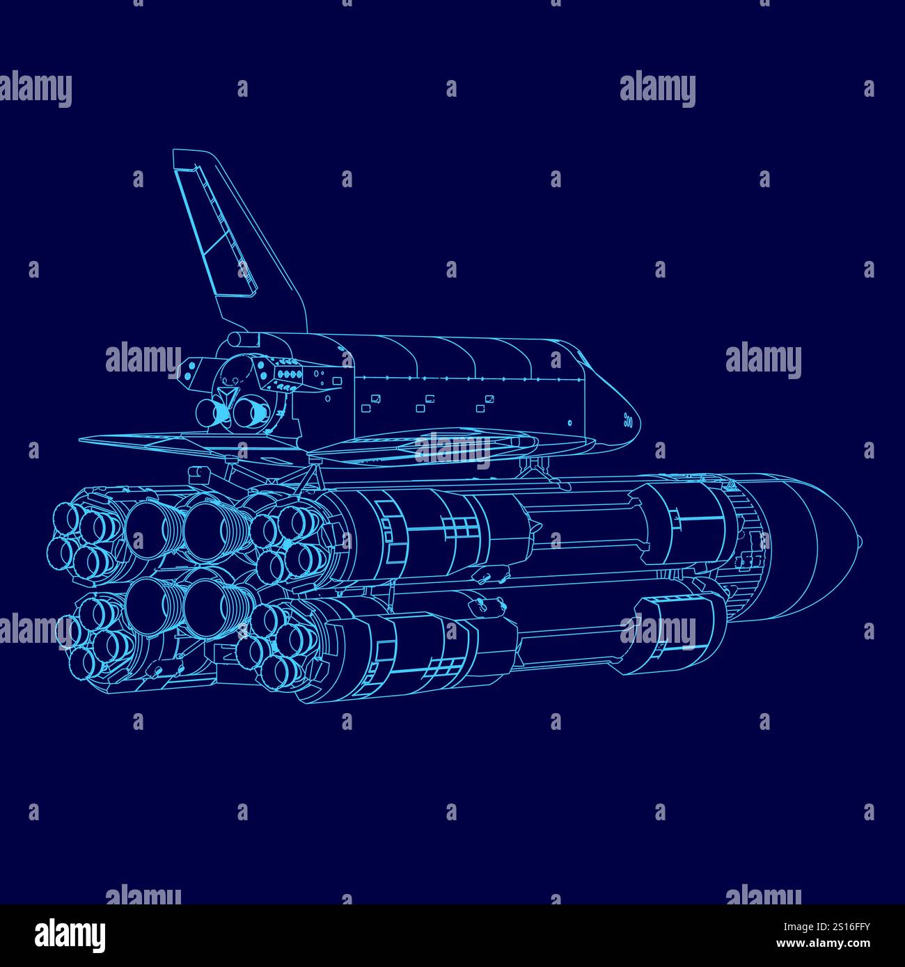 Blue drawing of a space shuttle with a rocket on top. The drawing is of ...