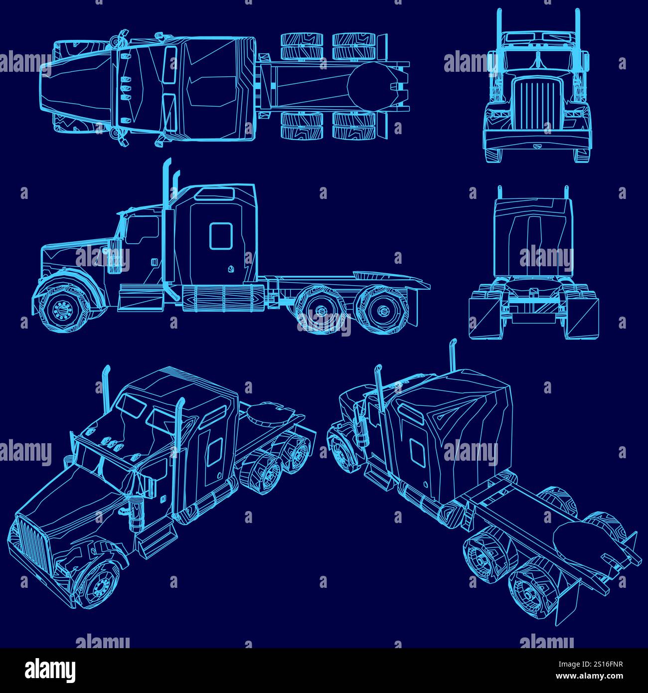 Blue drawing of a semi truck with a blue truck set. The truck is shown ...