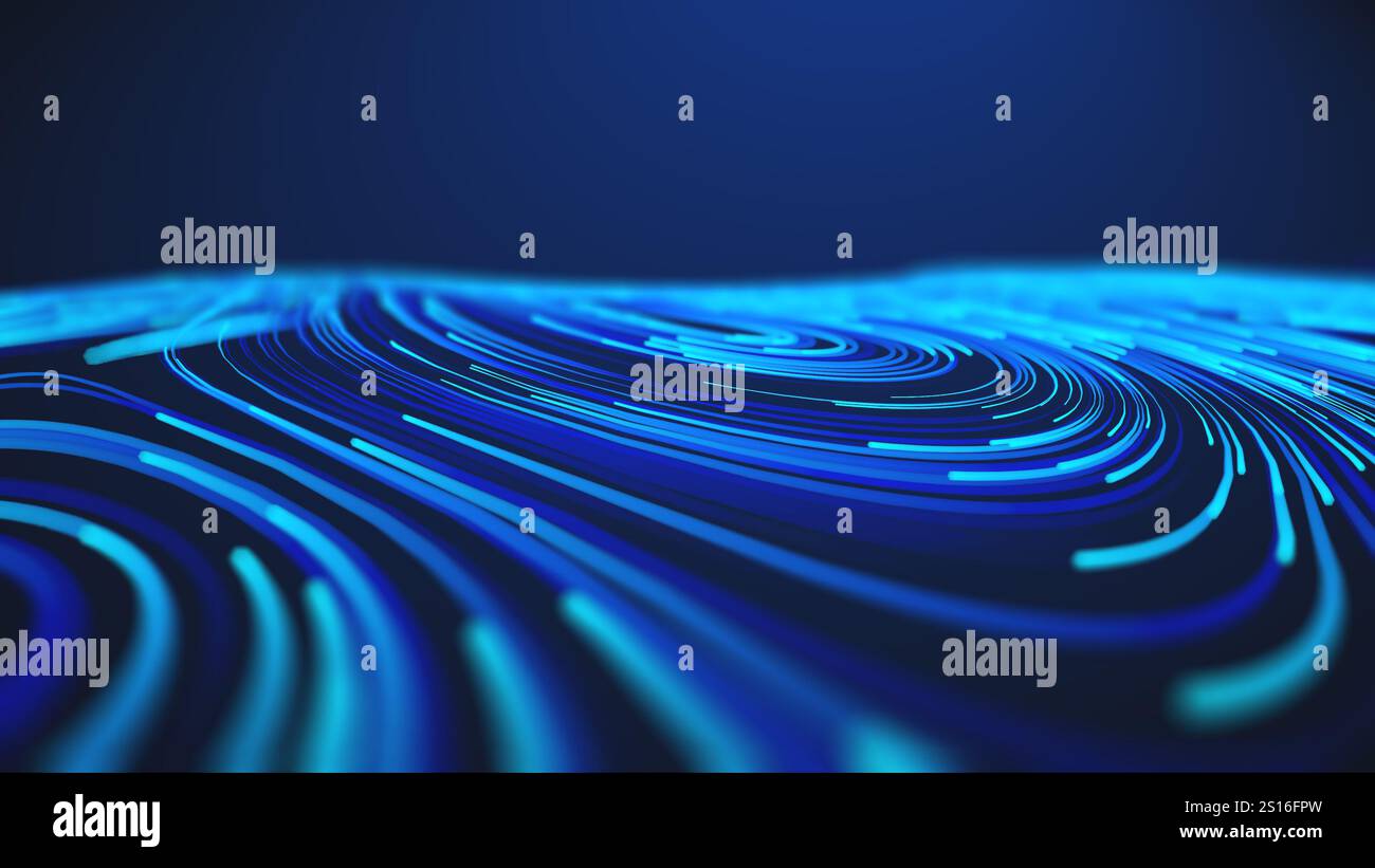 Dynamic flowing blue lines representing abstract futuristic data processing and visualization ...