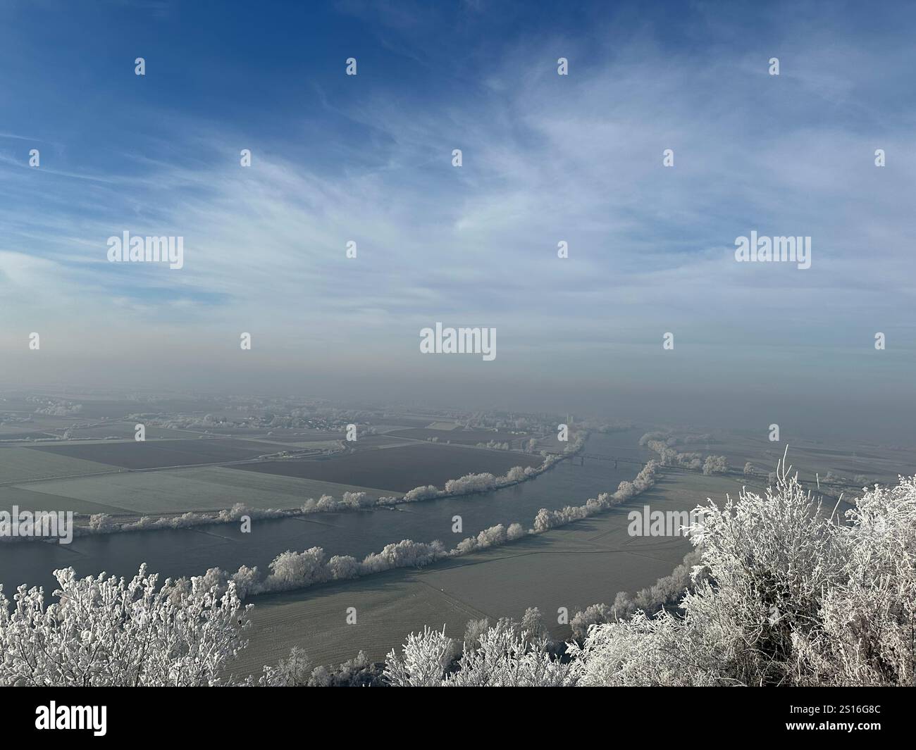 01 January 2025, Bavaria, Bogen: View from Bogenberg of the landscape ...