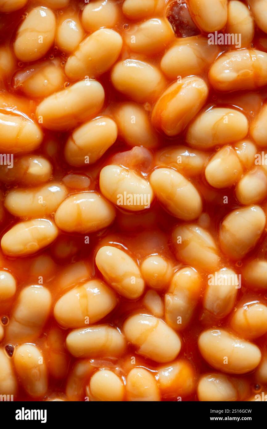 Baked beans in a tomato sauce background backdrop. Traditional British ...