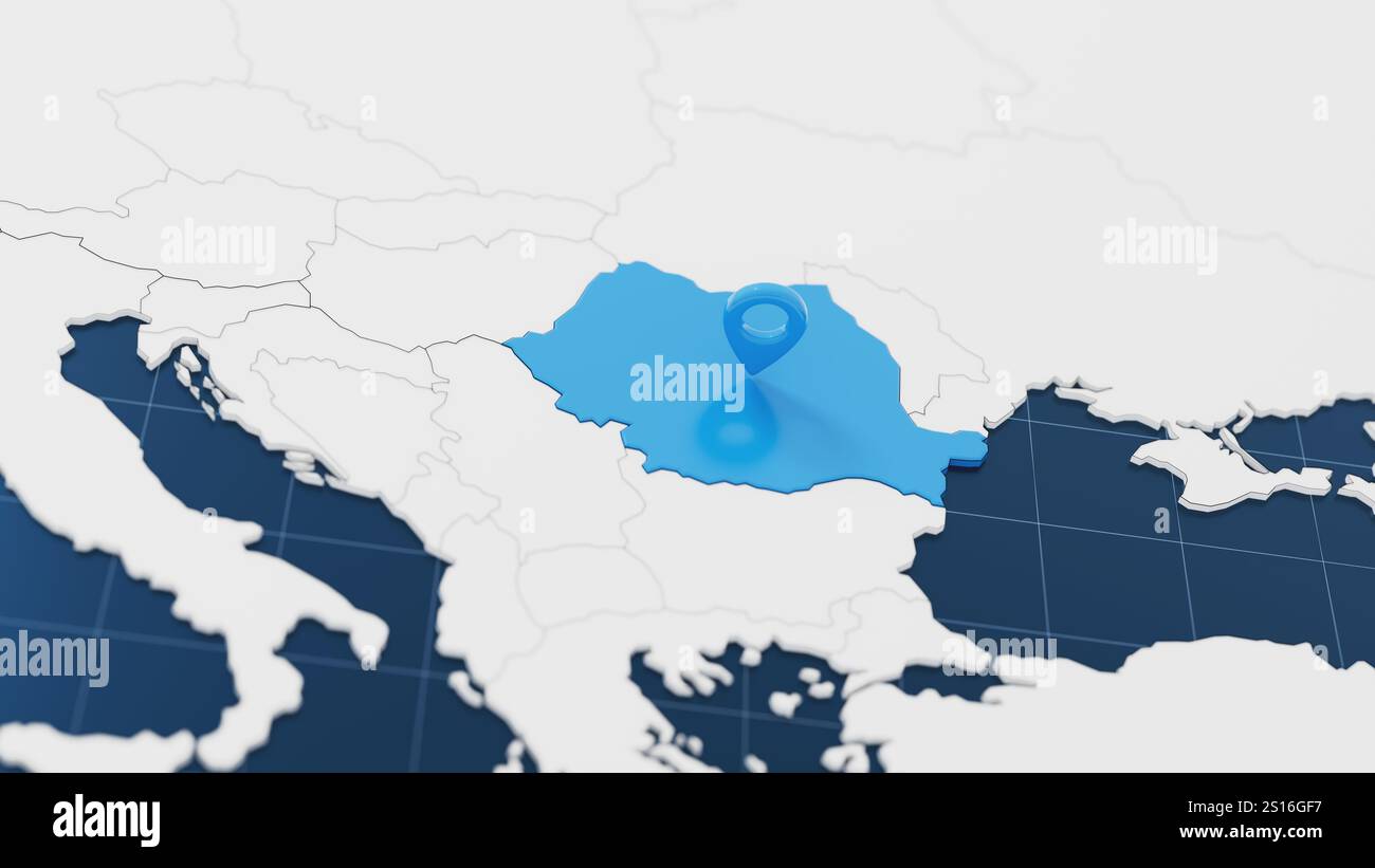 Blue Romania 3d map with pointer pin surrounded with other countries in ...