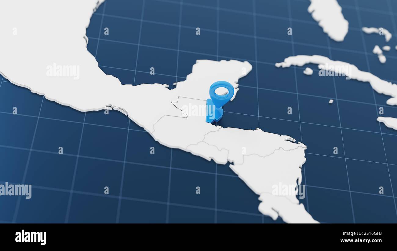 Blue Belize 3d map with pointer pin surrounded with other countries in ...