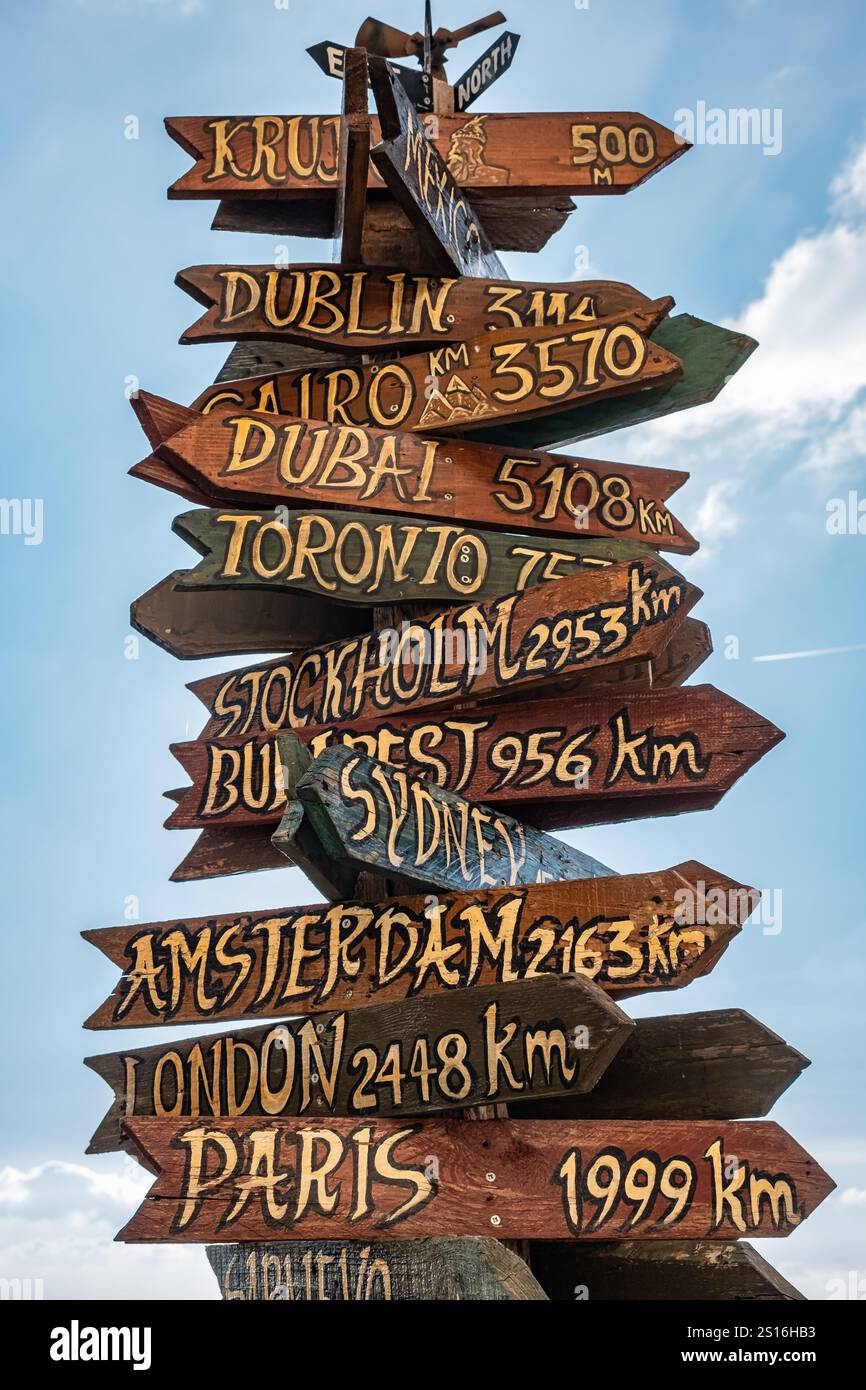 Signage on a wooden post to world wide destinations with blue sky. Sign ...