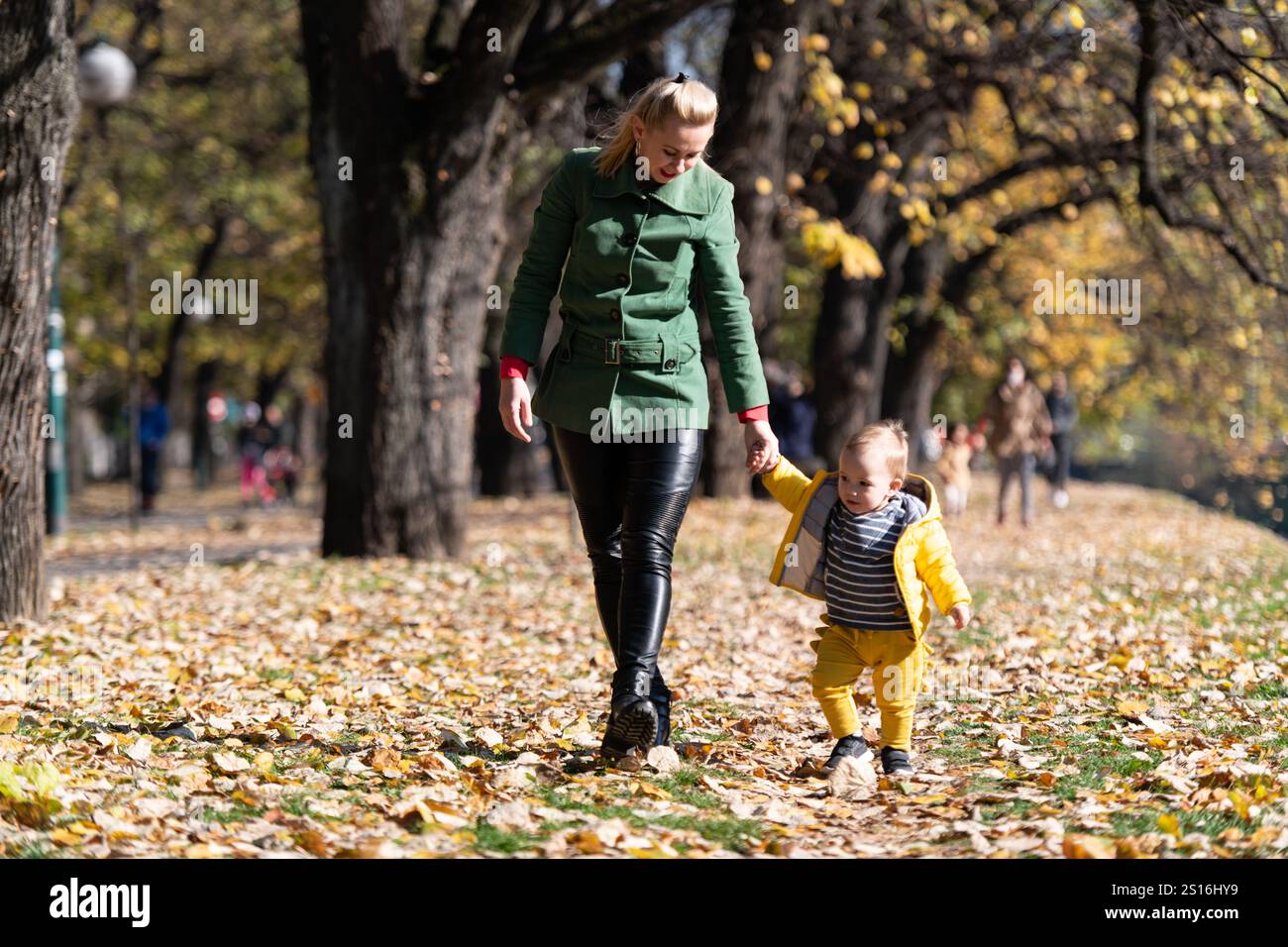 Beautiful Walk With Mother And Son Enjoying Fall Park Scenery Stock ...