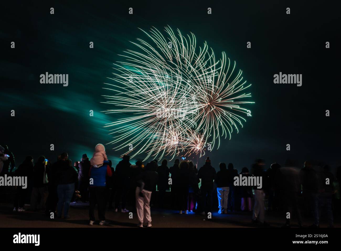 New Year’s Eve fireworks on the seafront at Southend on Sea, Essex, UK ...