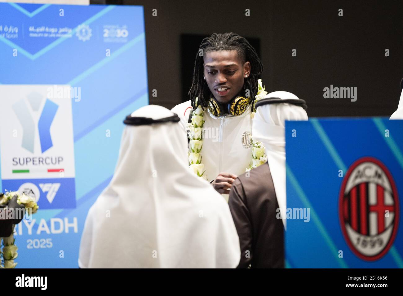 Milan’s Rafael Leao arrival at King Khalid International Airport during ...