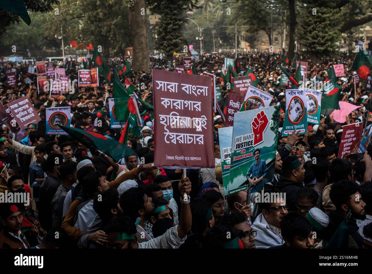 Dhaka, Bangladesh. 31st Dec, 2024. Students and supporters hold placards and Bangladesh National ...