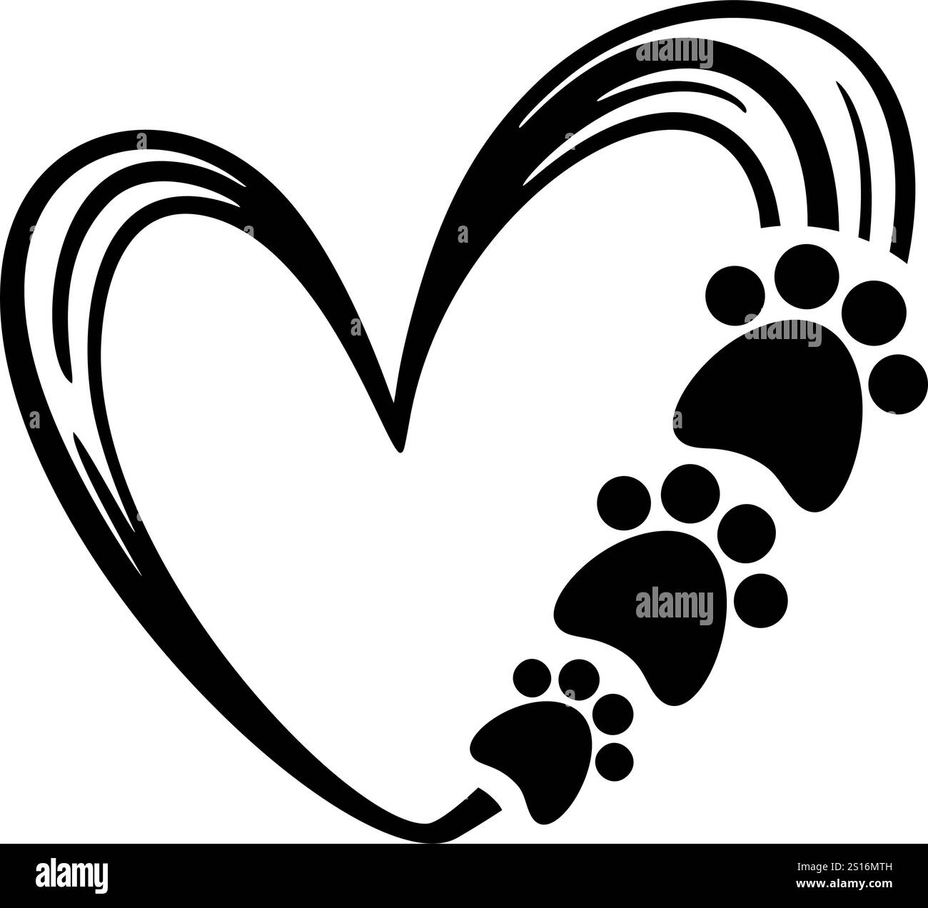 Artistic black heart with three paw prints silhouette, with rounded ...