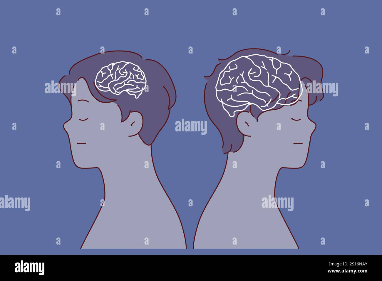 Stupid and smart man stand side by side, with silhouette of brain of ...