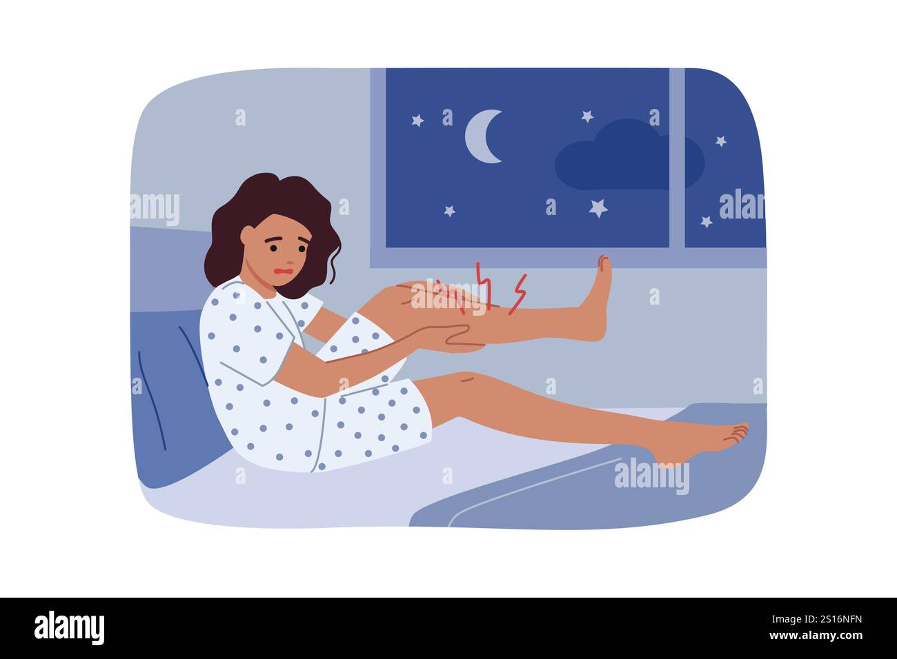 Sharp cramp woke up woman, clutching at leg lying in bed, experiencing ...