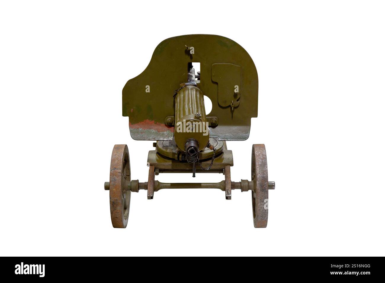 An antique military machine gun on wheels, front view, isolated on ...
