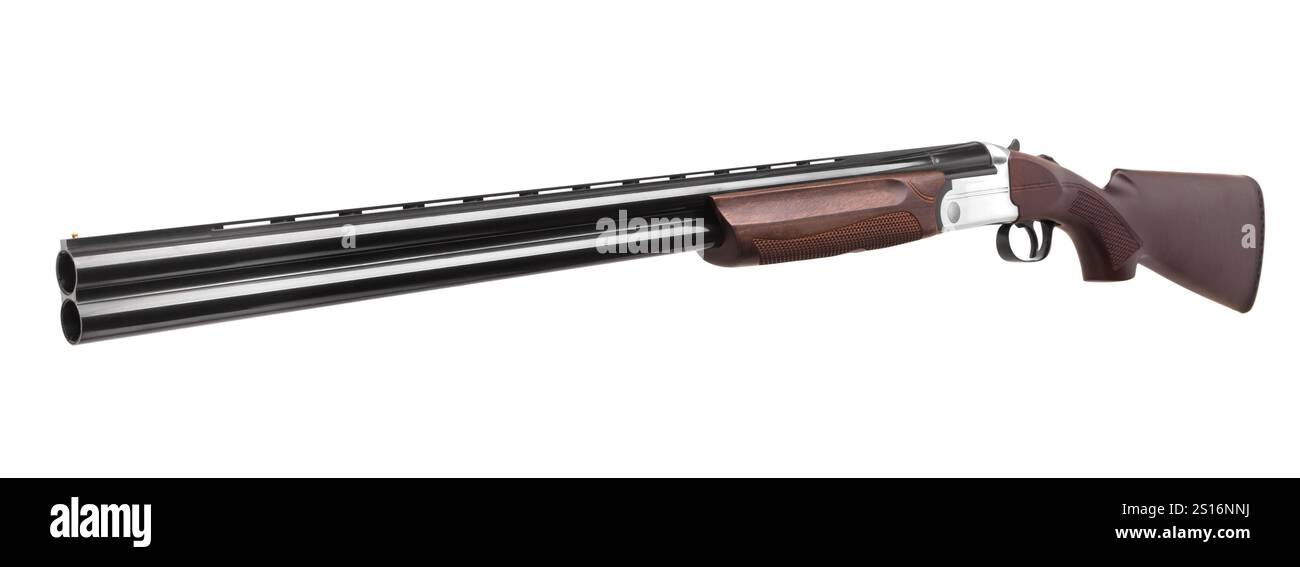 A side view of a double-barreled shotgun with polished wooden stock and ...