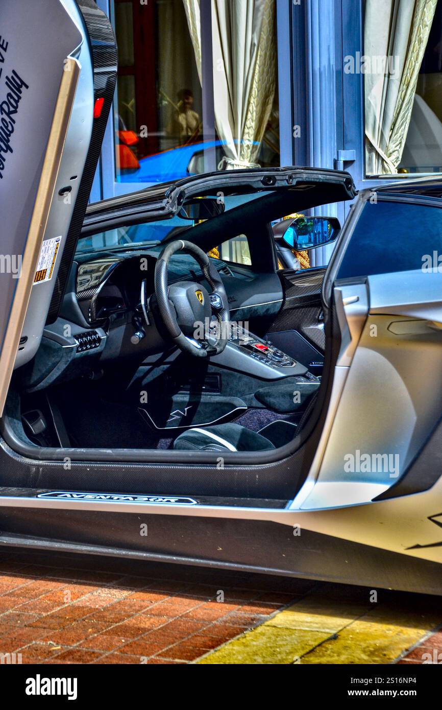 Cannes, France - September 7th 2024 : Open door of a Silver Lamborghini ...