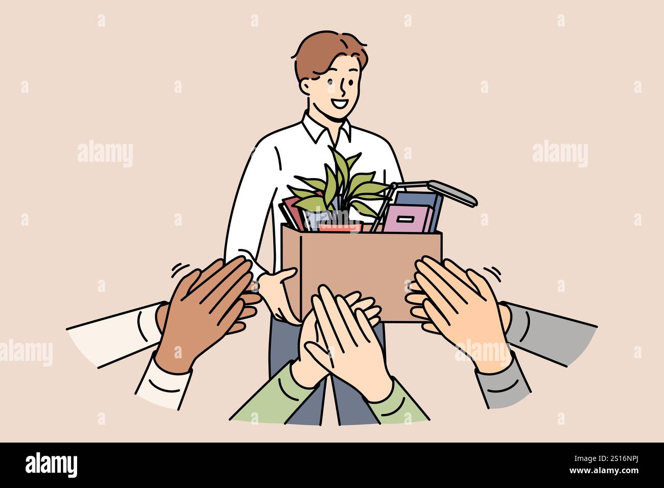 Hospitable team greets new employee entering office with box to ...