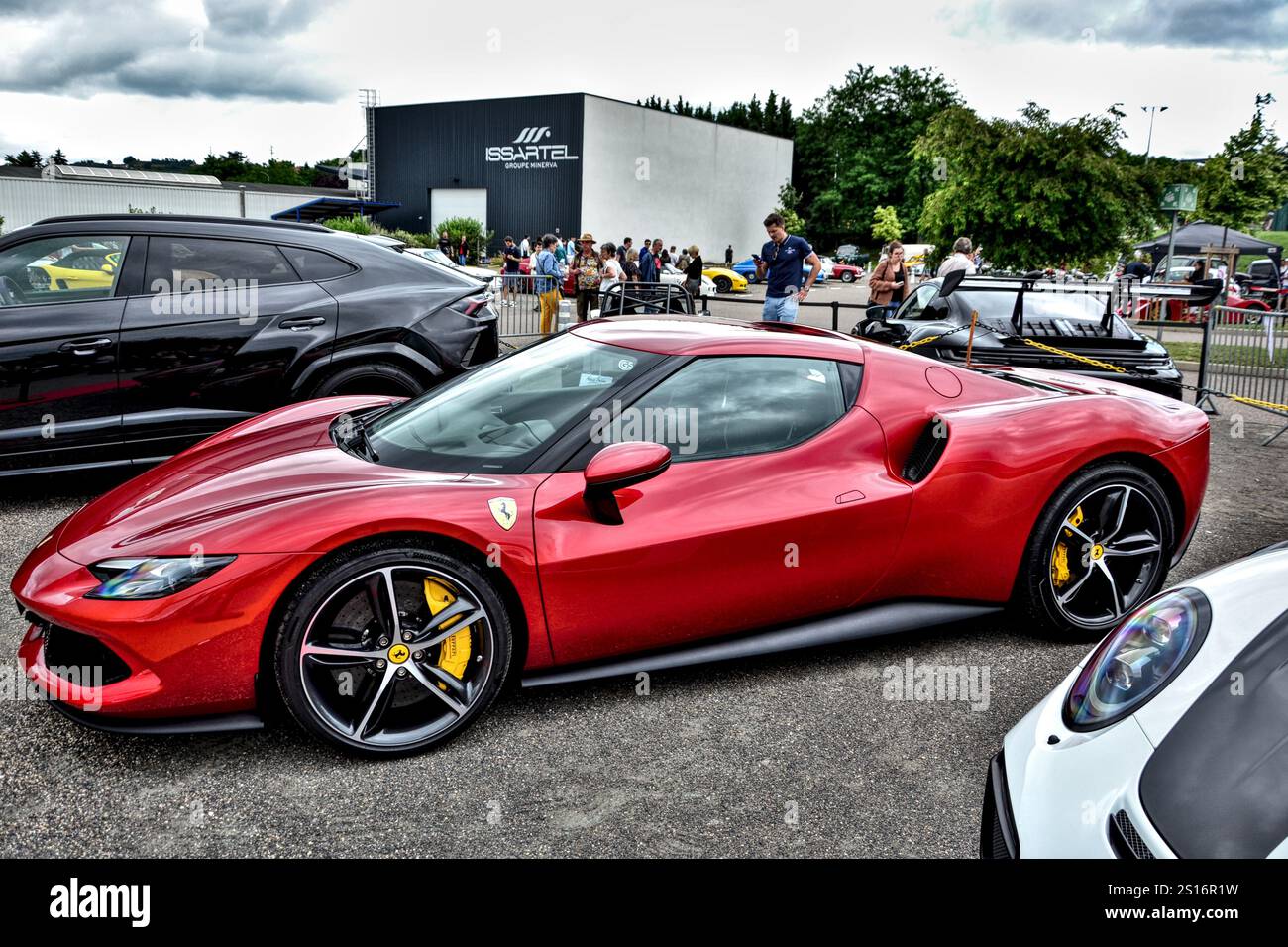 Roche-la-Molière, France - July 2nd 2023 : Focus on a red Ferrari 296 ...