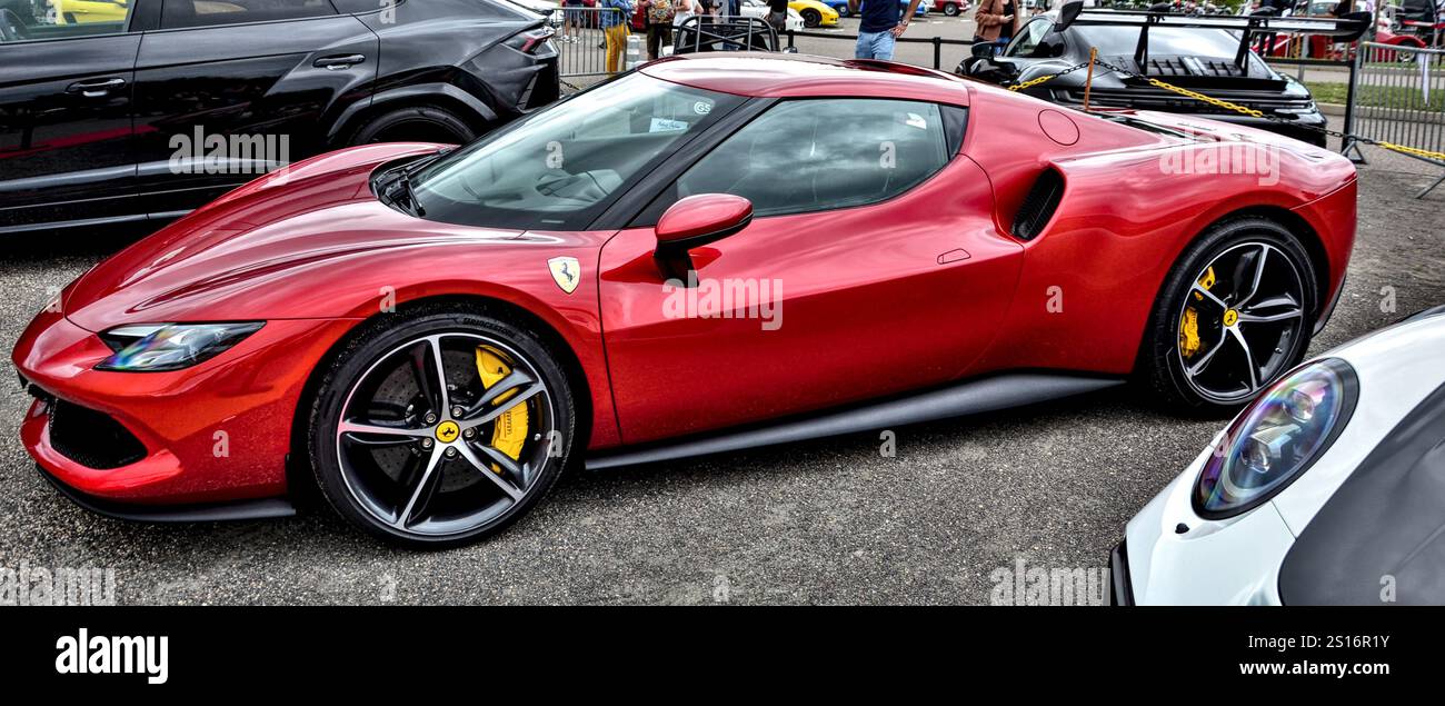 Roche-la-Molière, France - July 2nd 2023 : Focus on a red Ferrari 296 ...