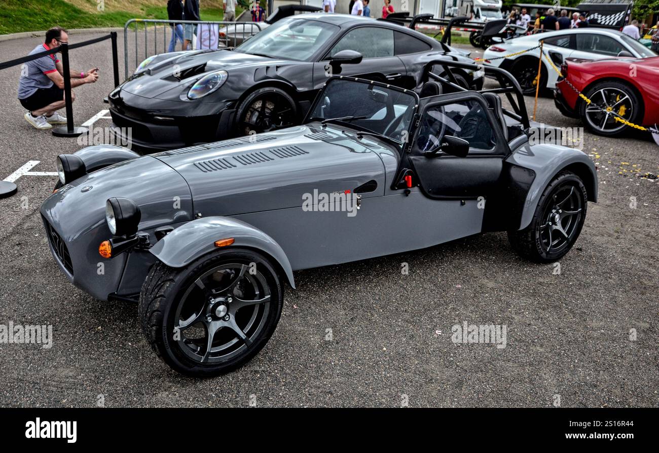 Roche-la-Molière, France - July 2nd 2023 : Car show. Focus on a silver ...
