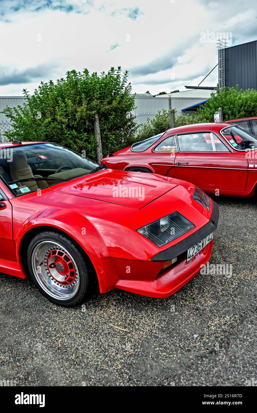Roche-la-Molière, France - July 2nd 2023 : Car show. Front view of a red Alpine Renault A310 of ...