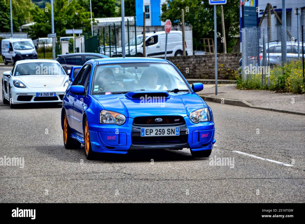 Roche-la-Molière, France - July 2nd 2023 : Car show. Focus on a blue ...