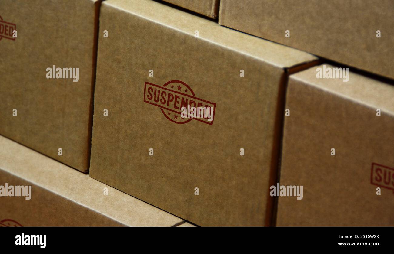 Suspended stamp printed on cardboard box. Blocked and canceled concept ...