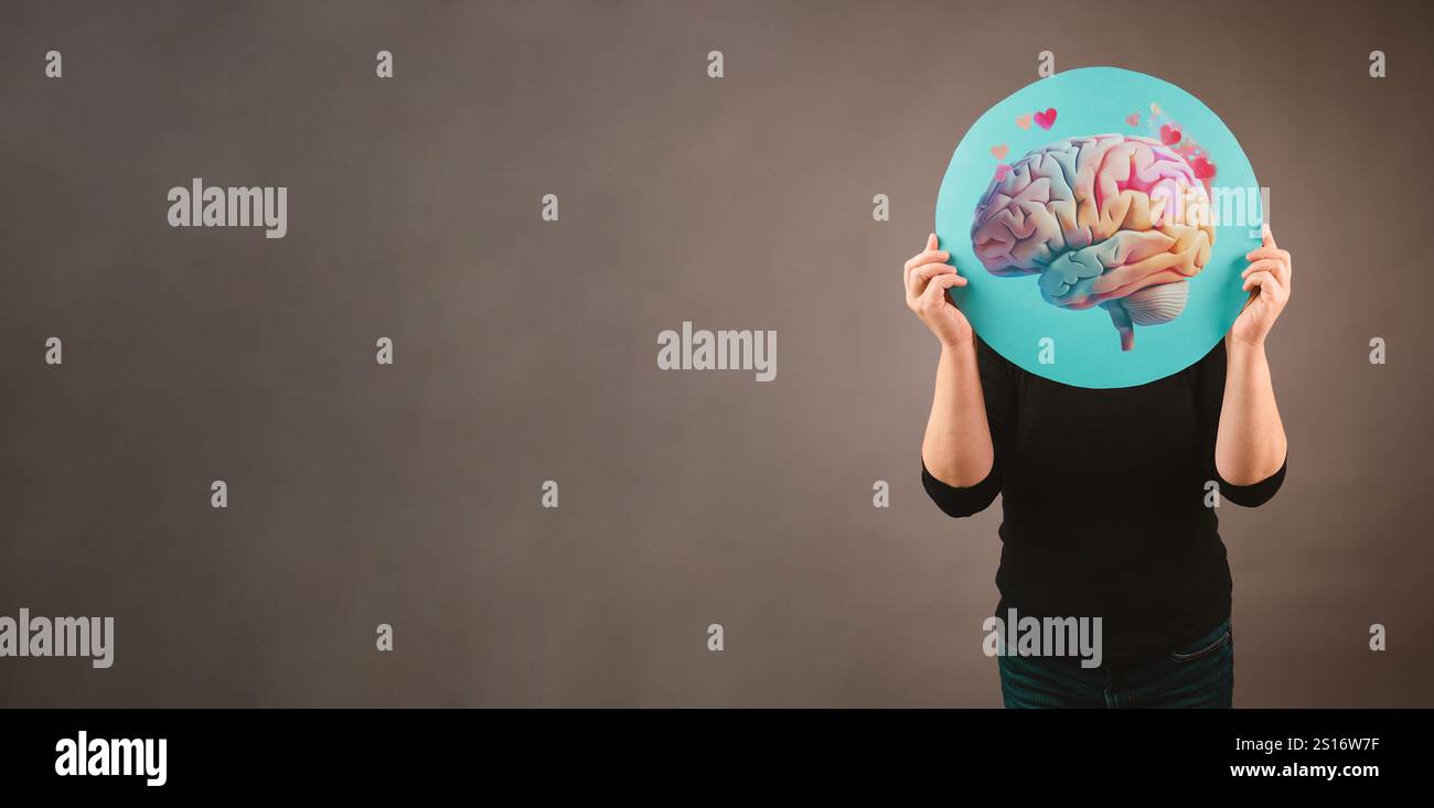 Human brain with wave of hearts, love and emotion, self care, mental ...