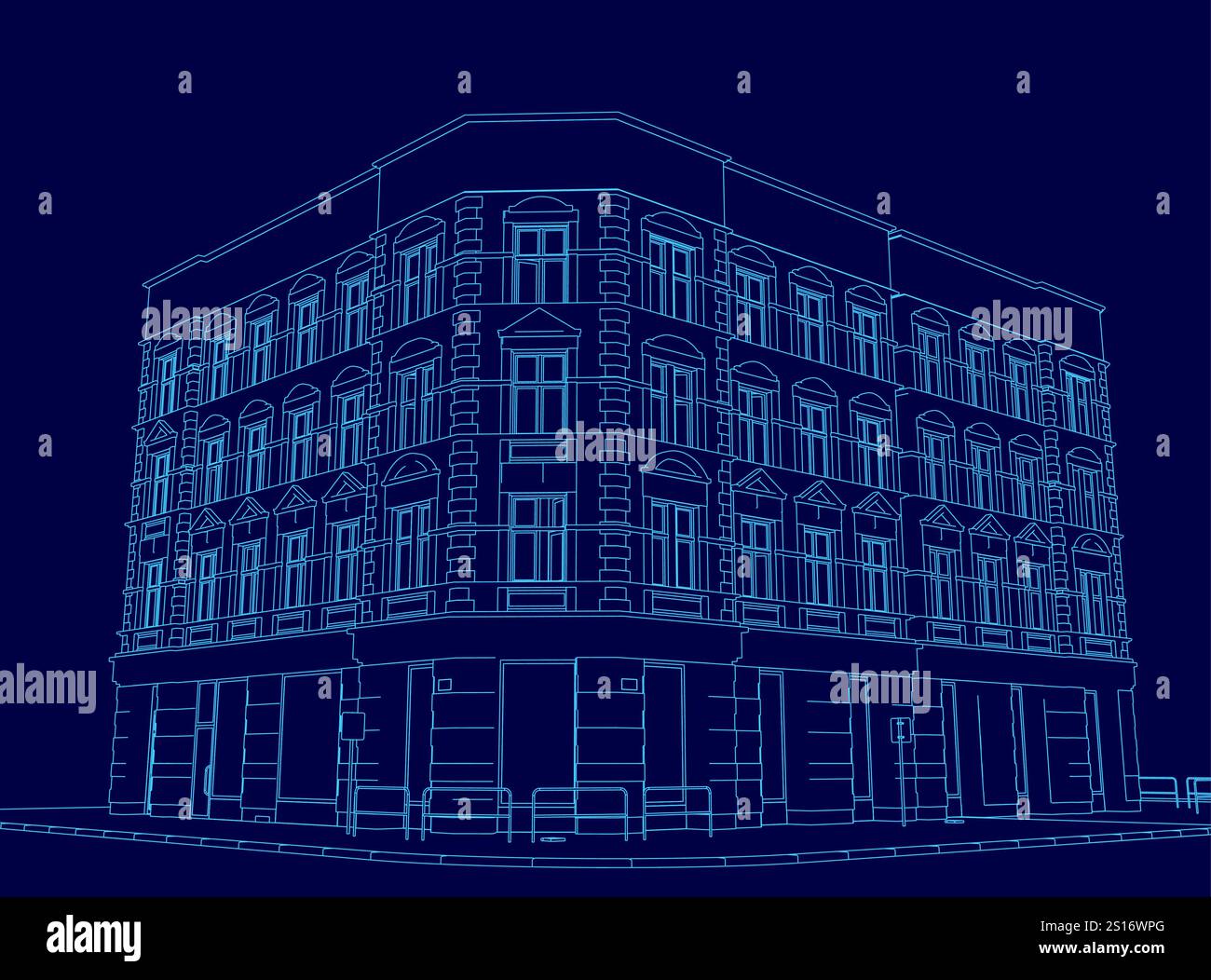 Blue building with a lot of windows. The building is very tall and has ...