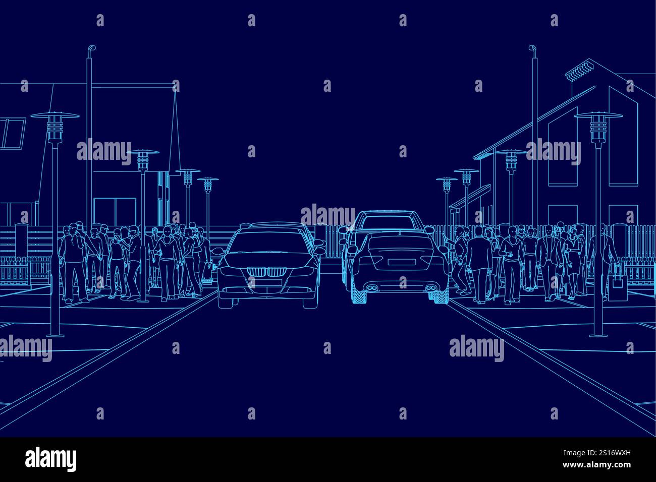 Blue drawing of a street scene with a car and a group of people. Scene ...