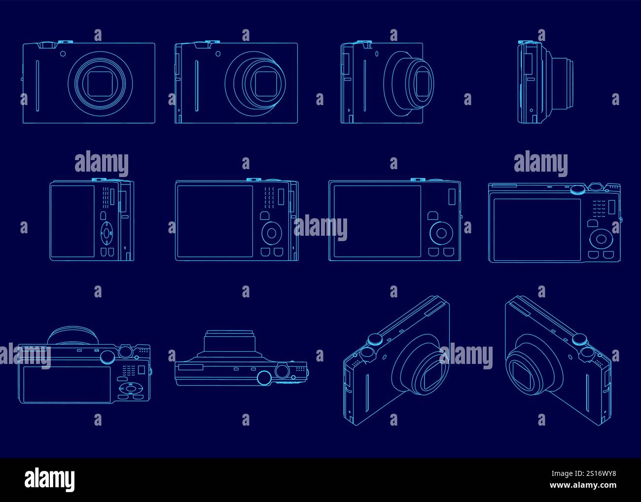 Series of blue drawings of a camera. The drawings are of different ...
